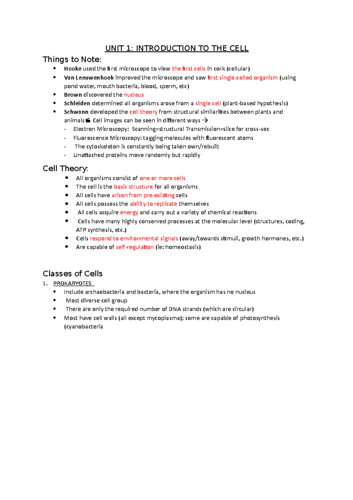 LEC 1- Intro TO Cells - UNIT 1: INTRODUCTION TO THE CELL Things to Note ...