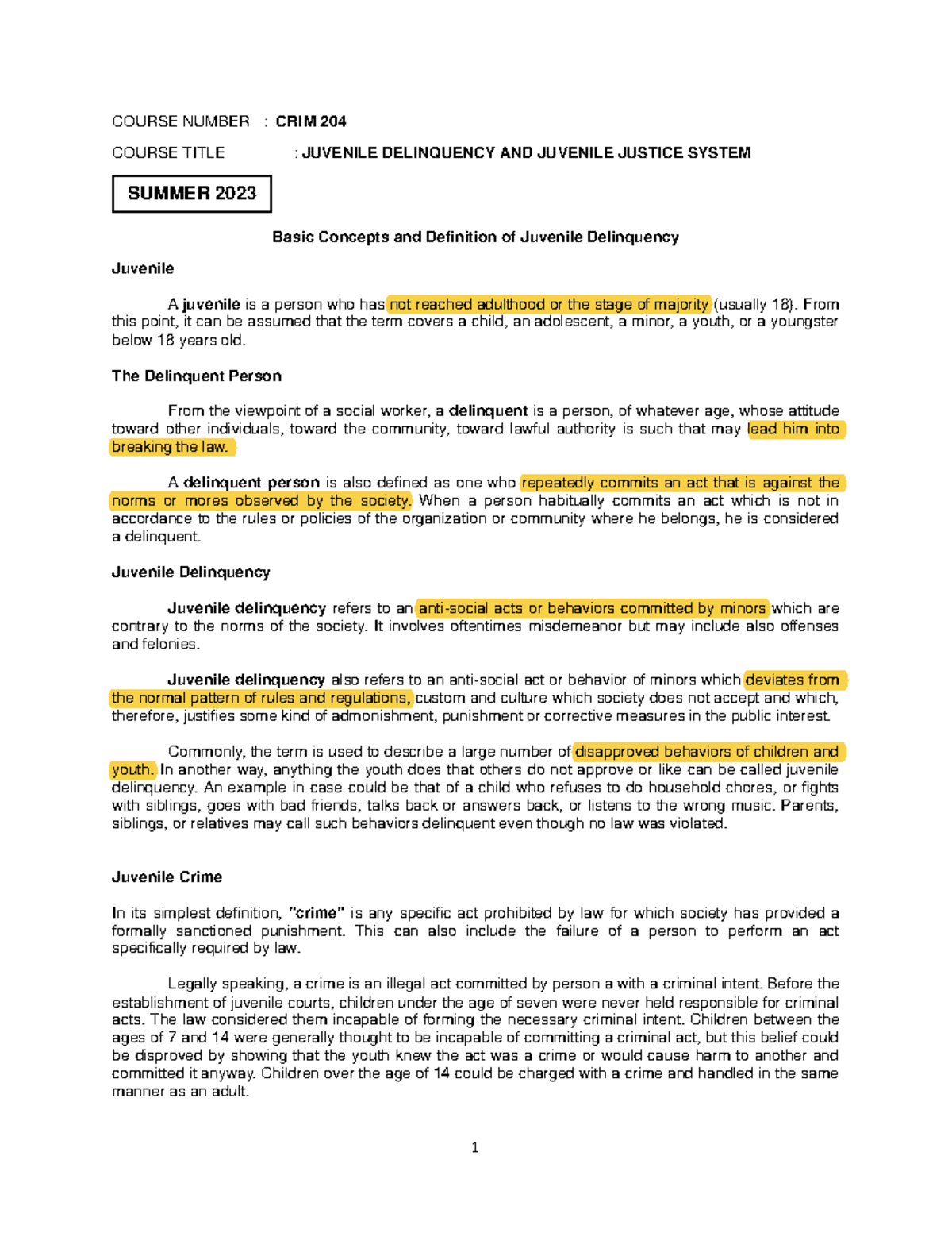 juvenile delinquency and justice system - COURSE NUMBER : CRIM 204 ...