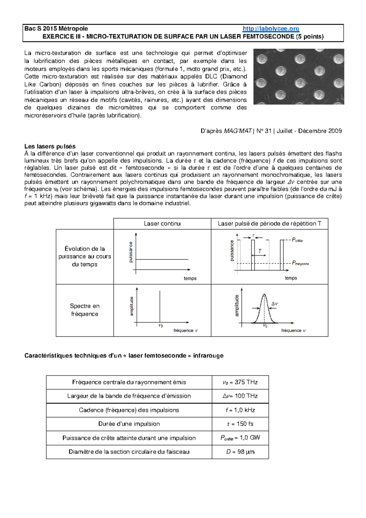 2015 Metropole Exo3 Sujet Laser Femto 5pts - Bac S 2015 Métropole labolycee EXERCICE III - - Studocu