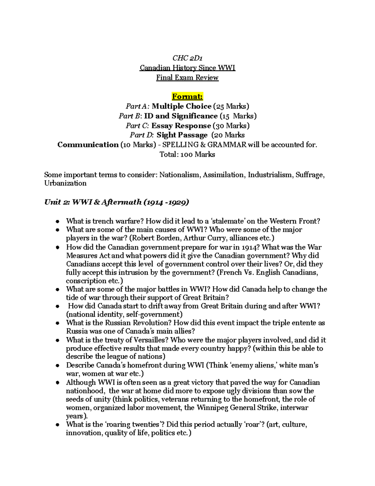final history exam review unit 2 - CHC 2D Canadian History Since WWI ...