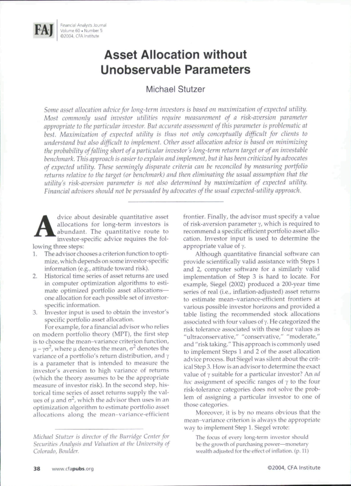 Stutzer 2004 FAJ - FAJ Financial Analysts Journal Volume 60 • Number 5 ...