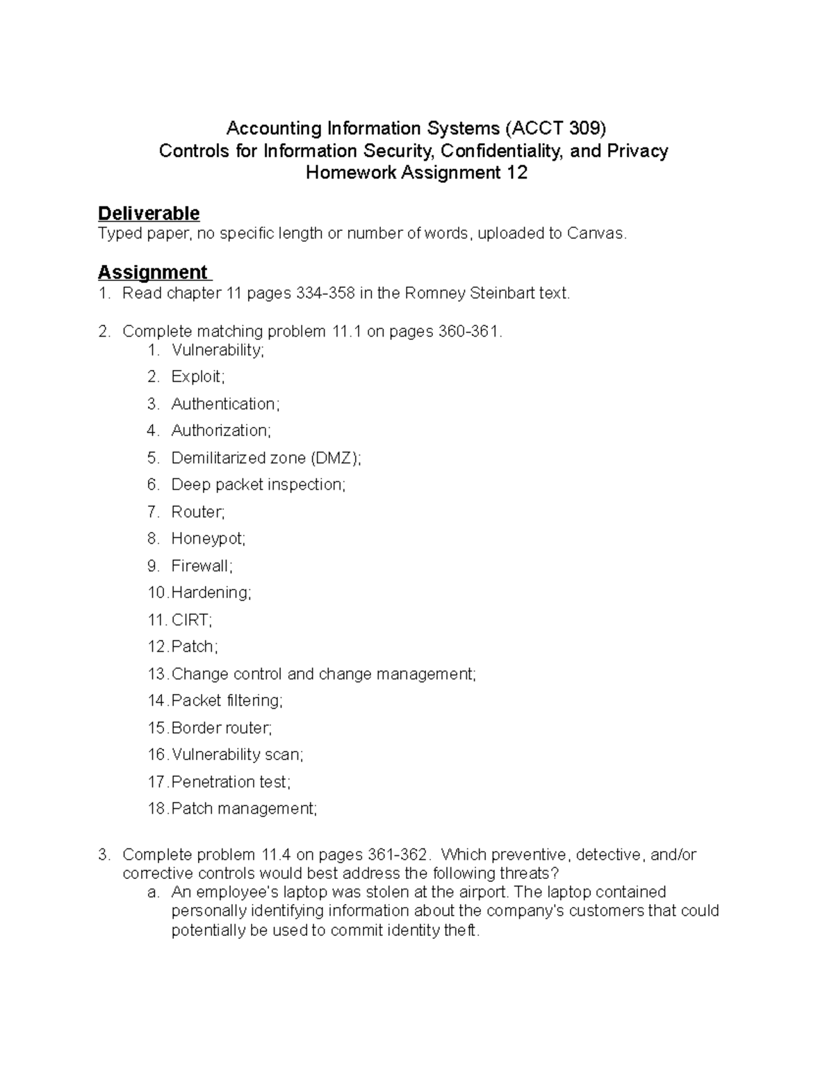 HW 12 Controls for Information Security, Confidentiality and Privacy ...