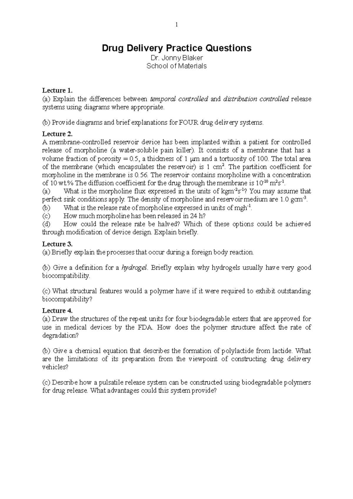 DD Practice Questions JJB 2018 to Bb - 1 Drug Delivery Practice ...