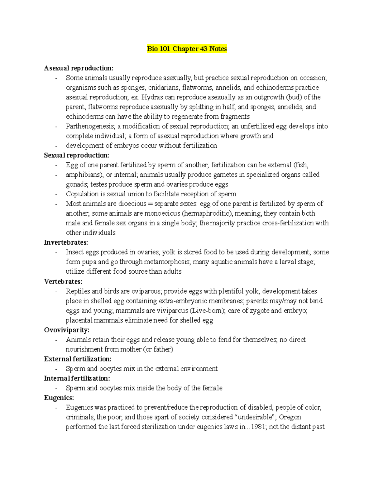 Bio 101 chapter 43 Notes - Bio 101 Chapter 43 Notes Asexual ...