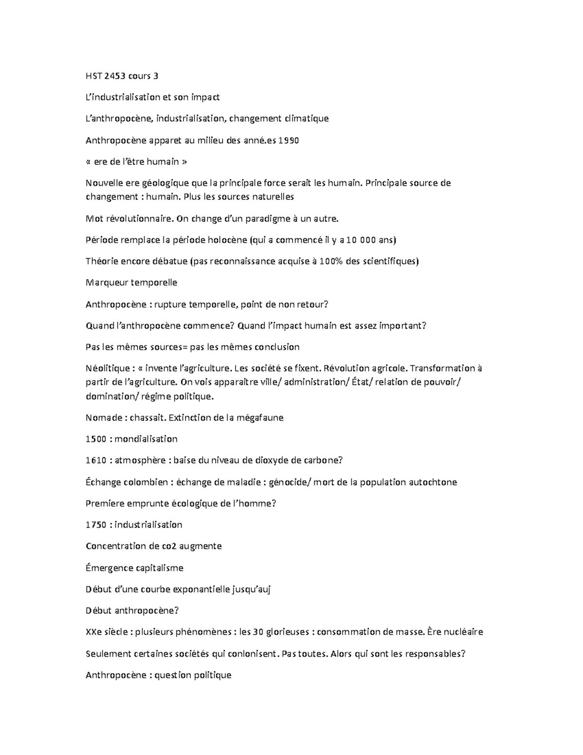 HST 2453 cours 3 - Notes pas mise au propre. - HST 2453 cours 3 L ...