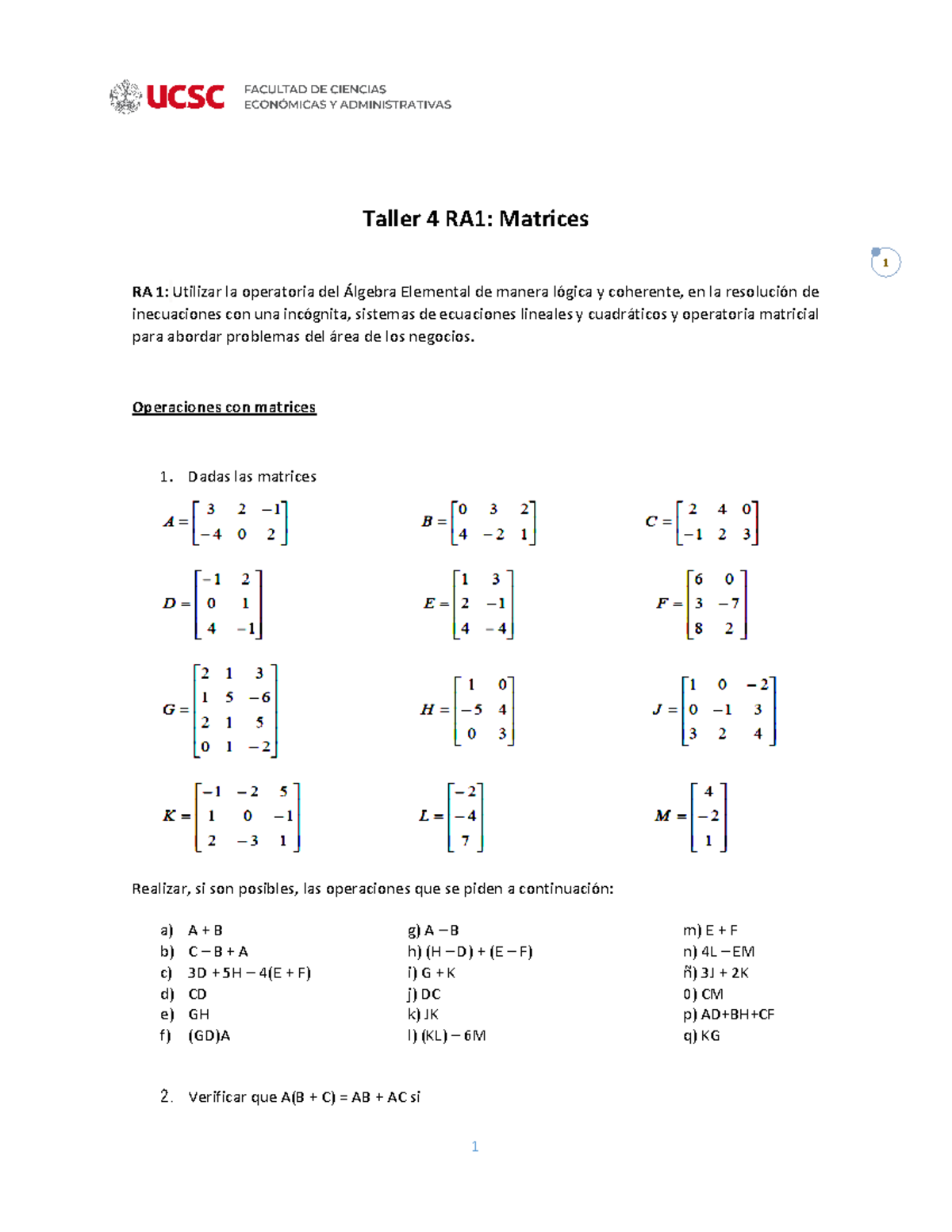 Taller 5- Matrices - 1 Taller 4 RA1: Matrices RA 1: Utilizar la ...