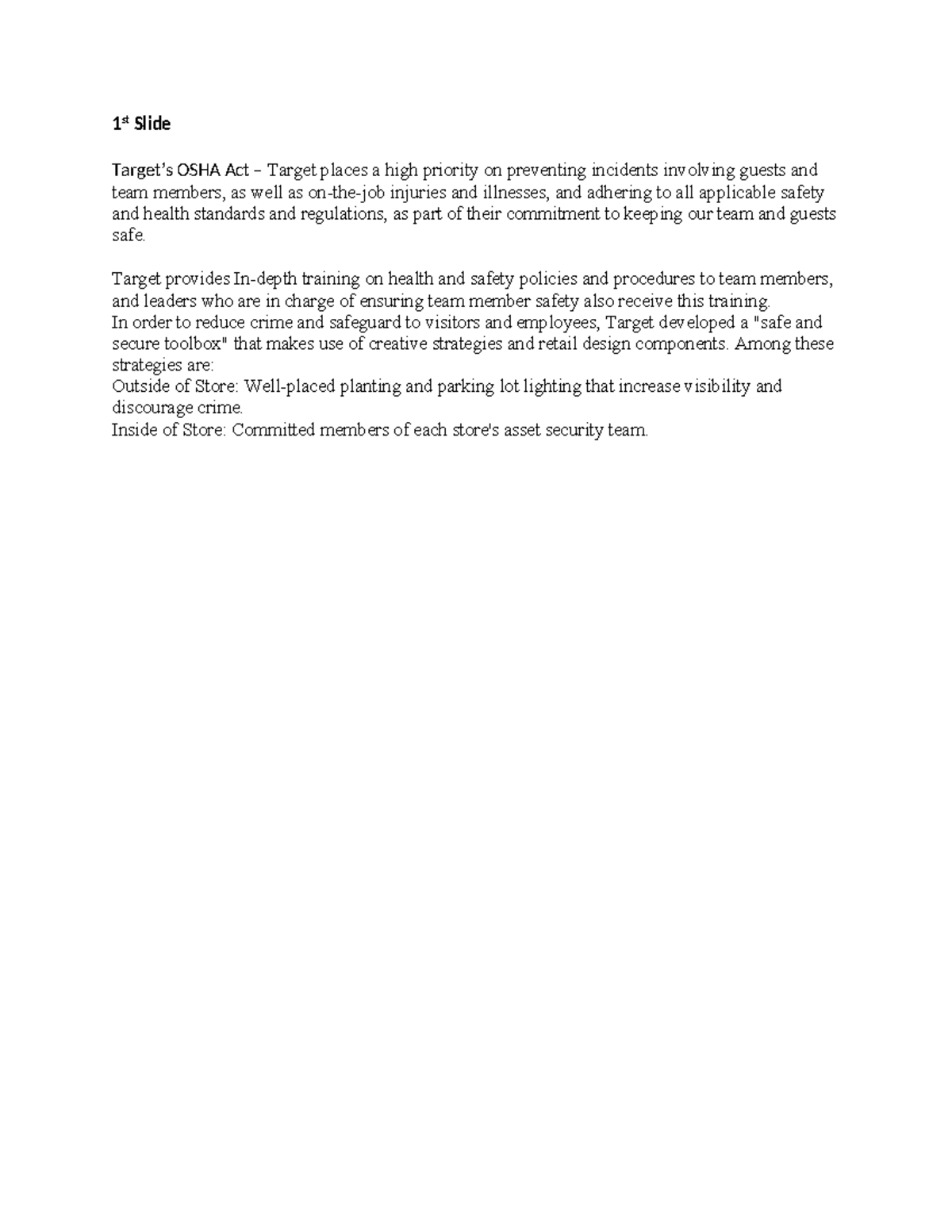 CLC - 1 st Slide Target’s OSHA Act – Target places a high priority on ...