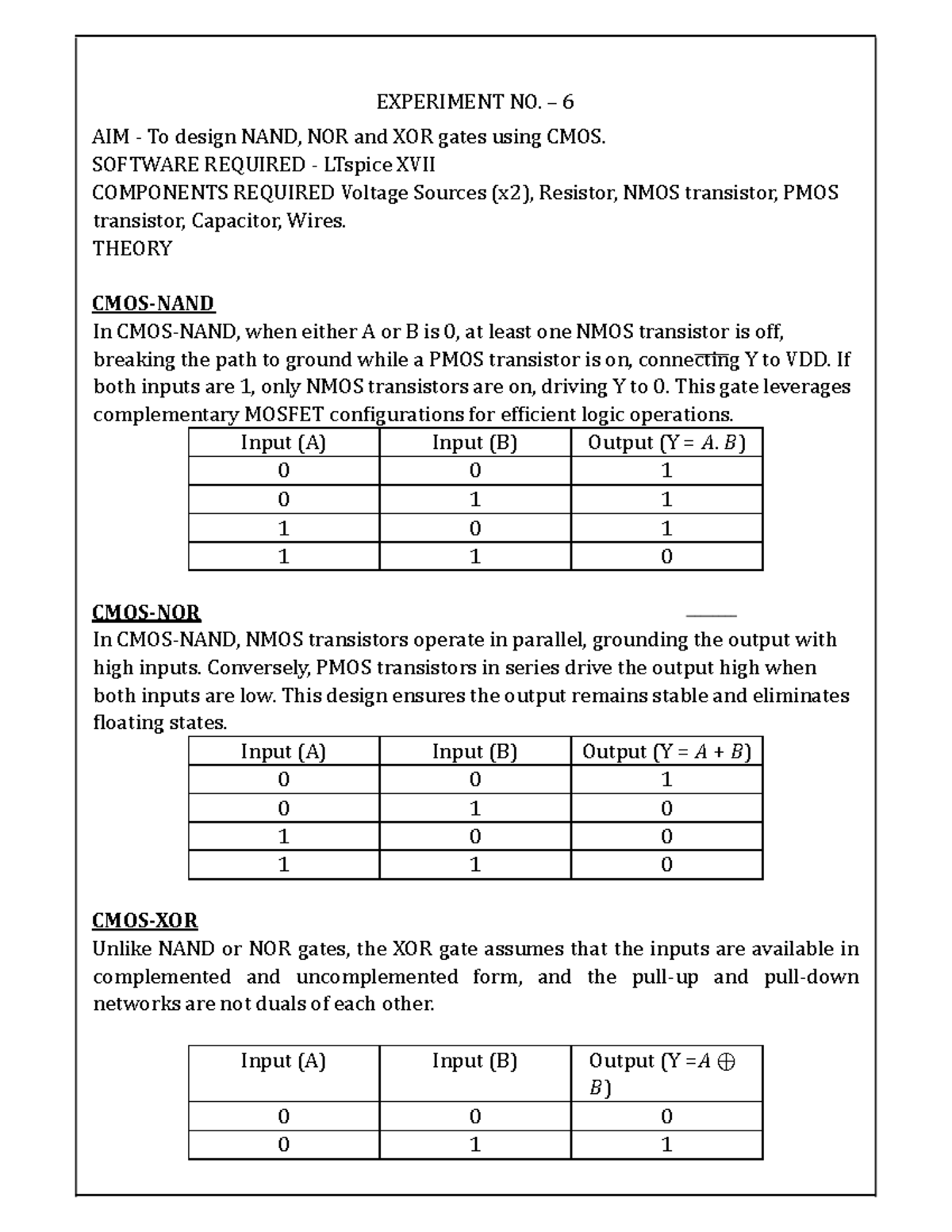 Vlsi exp6-7 - EXPERIMENT NO. – 6 AIM - To design NAND, NOR and XOR ...
