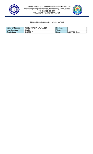 Grade 7 lesson plan - SEMI-DETAILED LESSON PLAN IN MATHEMATICS 7 Name ...