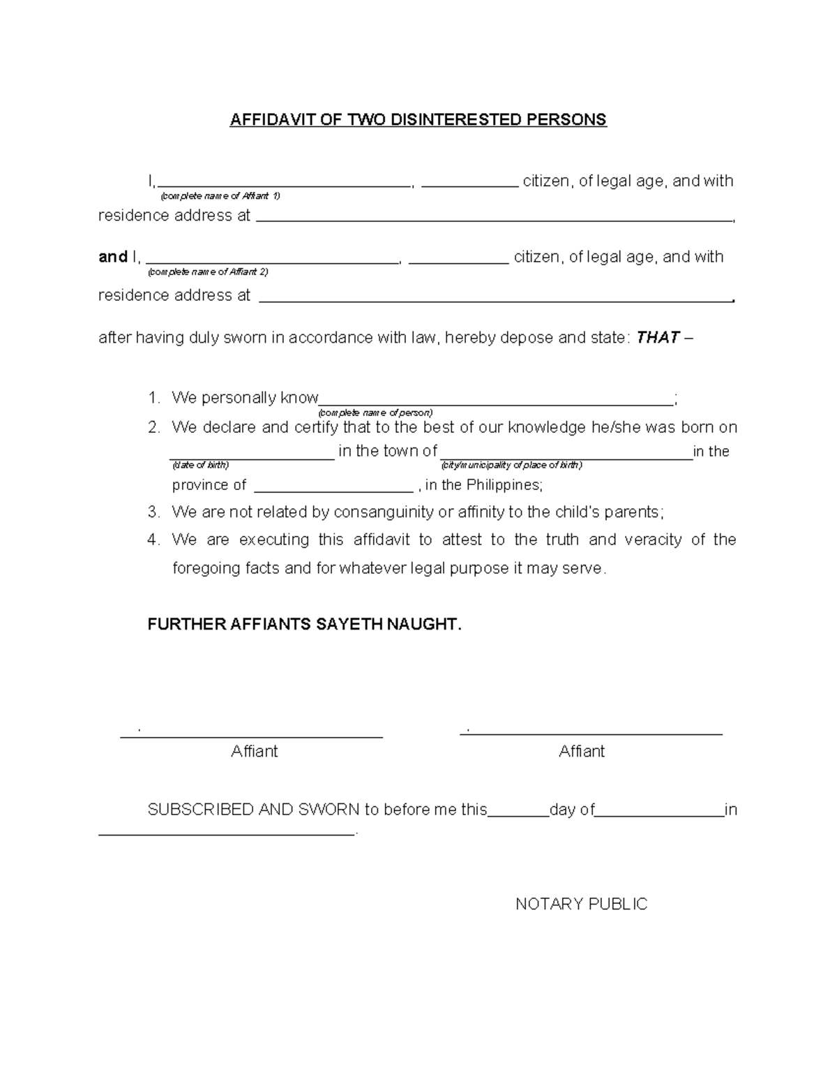 Sample of Affidavit of Two Disinterested Persons - AFFIDAVIT OF TWO ...