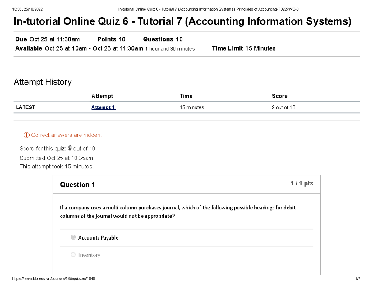 In-tutorial Online Quiz 6 - Tutorial 7 (Accounting Information Systems ...