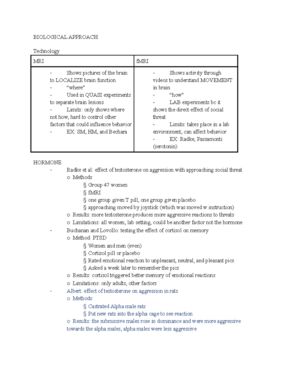 Psych study guide - BIOLOGICAL APPROACH Technology MRI fMRI Shows ...