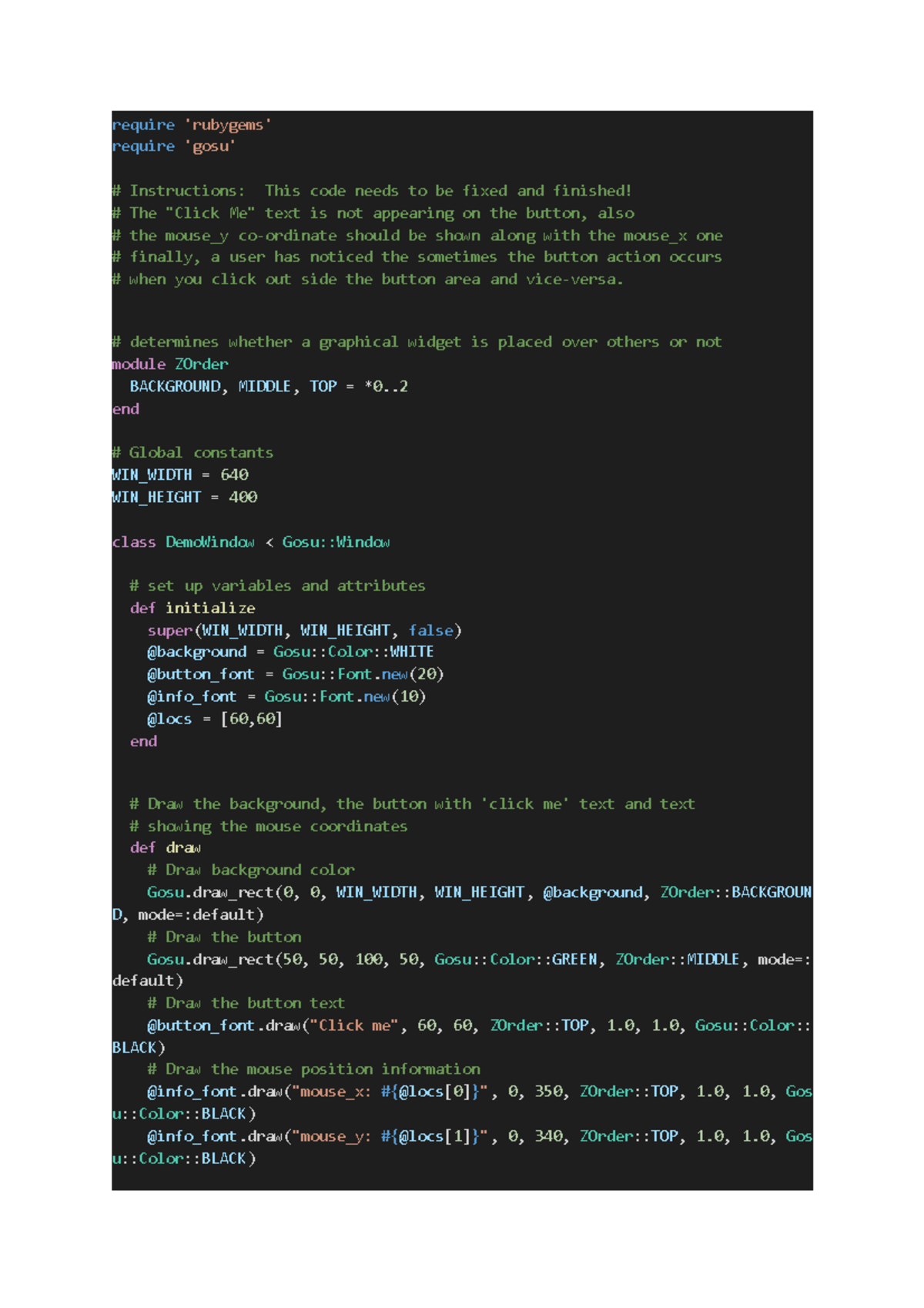 Button test - require 'rubygems' require 'gosu' - Studocu