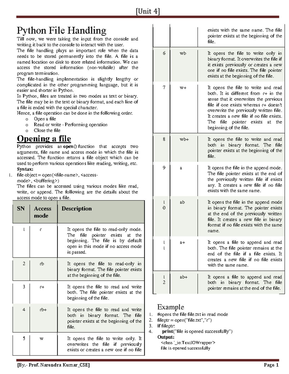 Unit 4 - read carrefully - Python File Handling Till now, we were taking the input from the ...