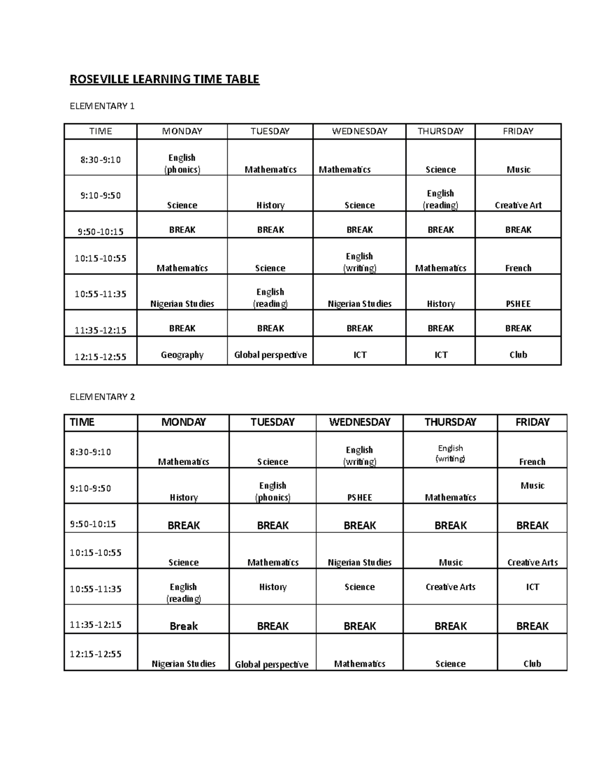 Roseville Learning TIME Table-1 - ROSEVILLE LEARNING TIME TABLE ...