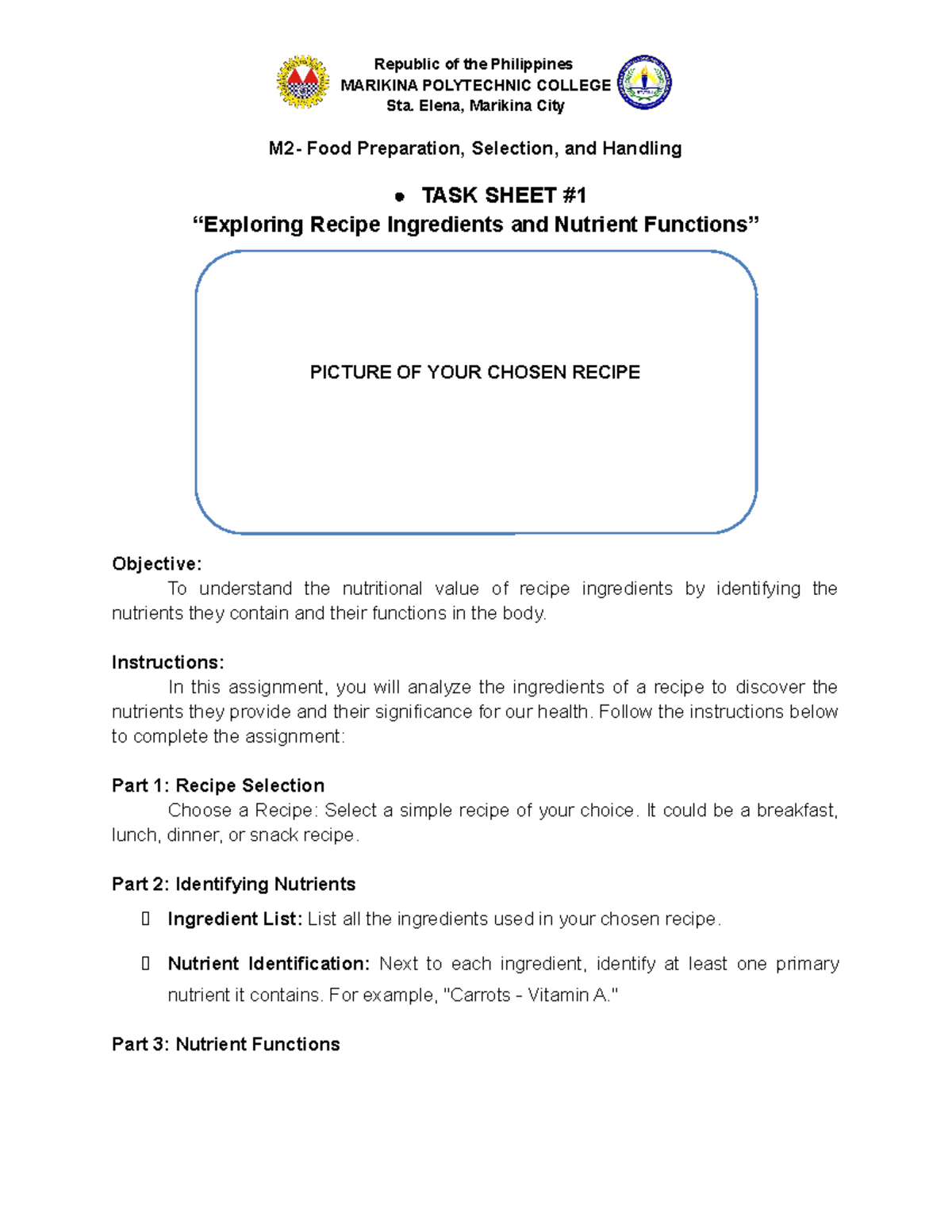 TASK Sheet #1 - MARIKINA POLYTECHNIC COLLEGE Sta. Elena, Marikina City ...