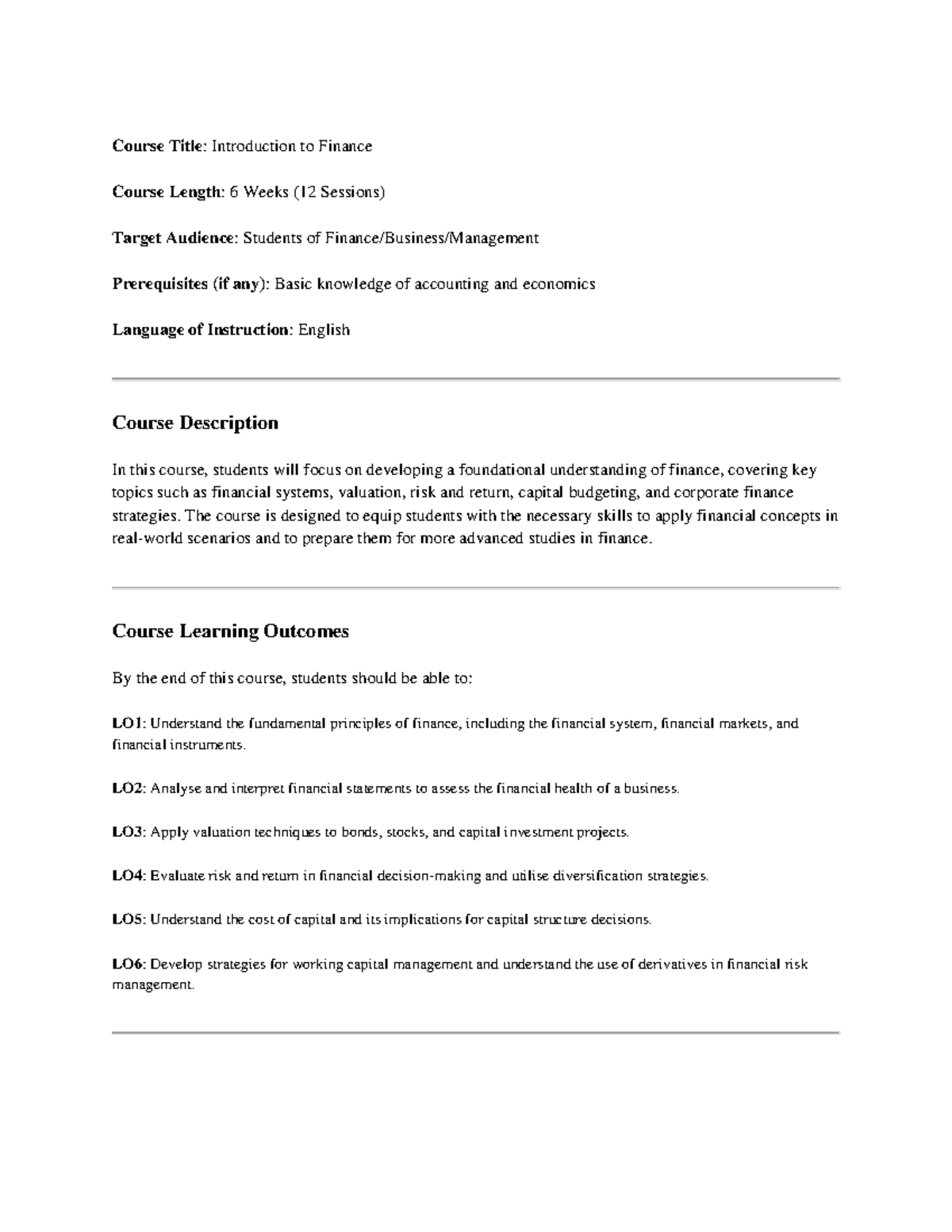 Introduction to Finance Course Outline - FT - Course Title ...