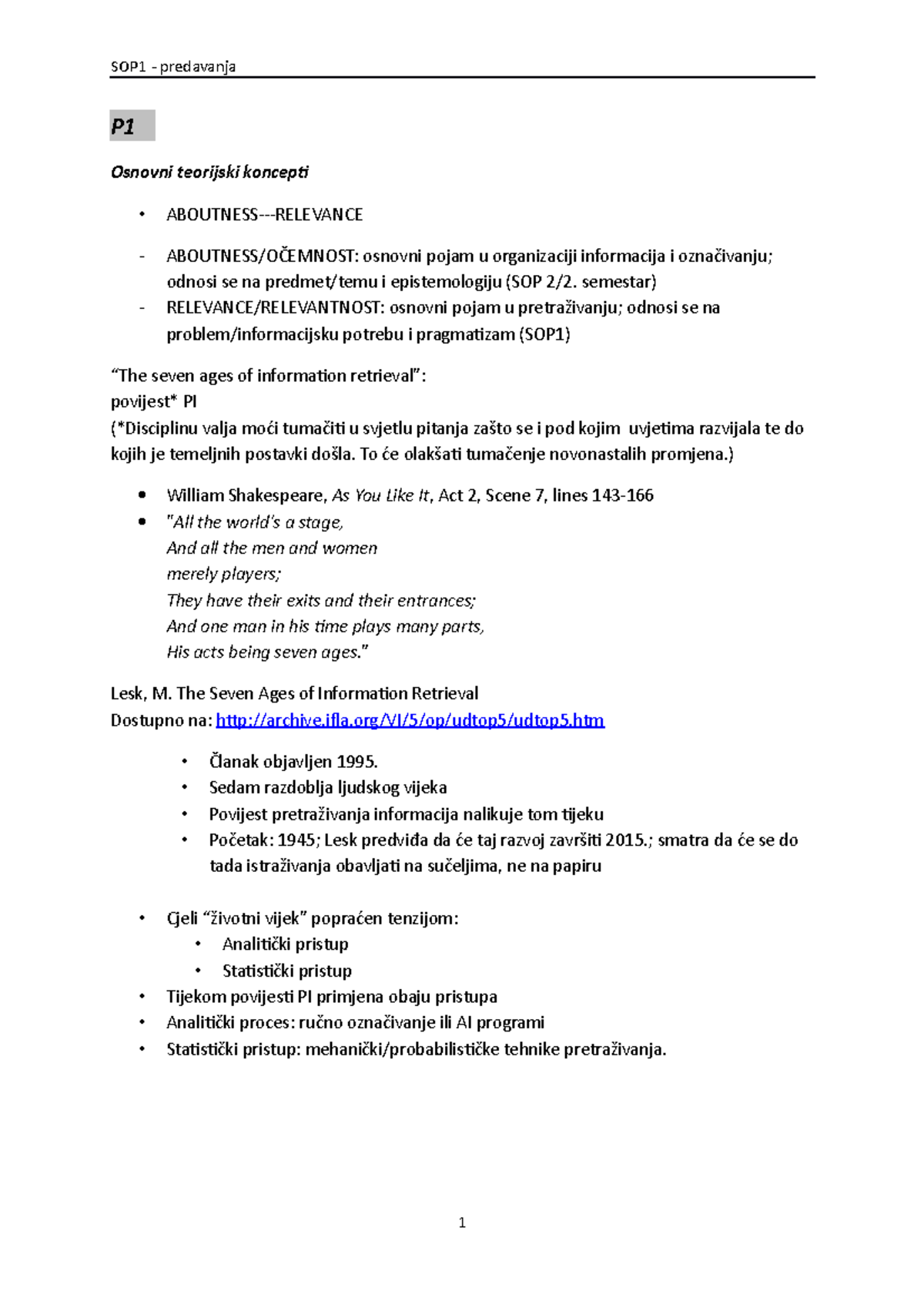 -SOP1- Predavanja - SOP1 - predavanja P1 Osnovni teorijski koncepti • ABOUTNESS-RELEVANCE ...