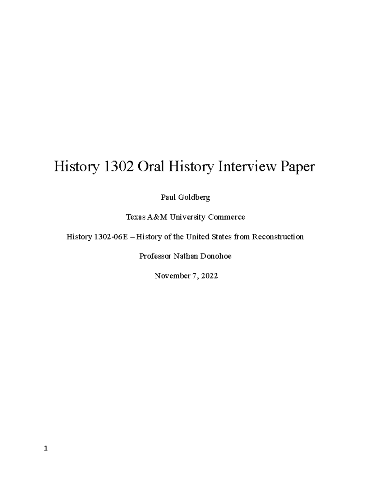 Final Draft History 1302 - History 1302 Oral History Interview Paper ...