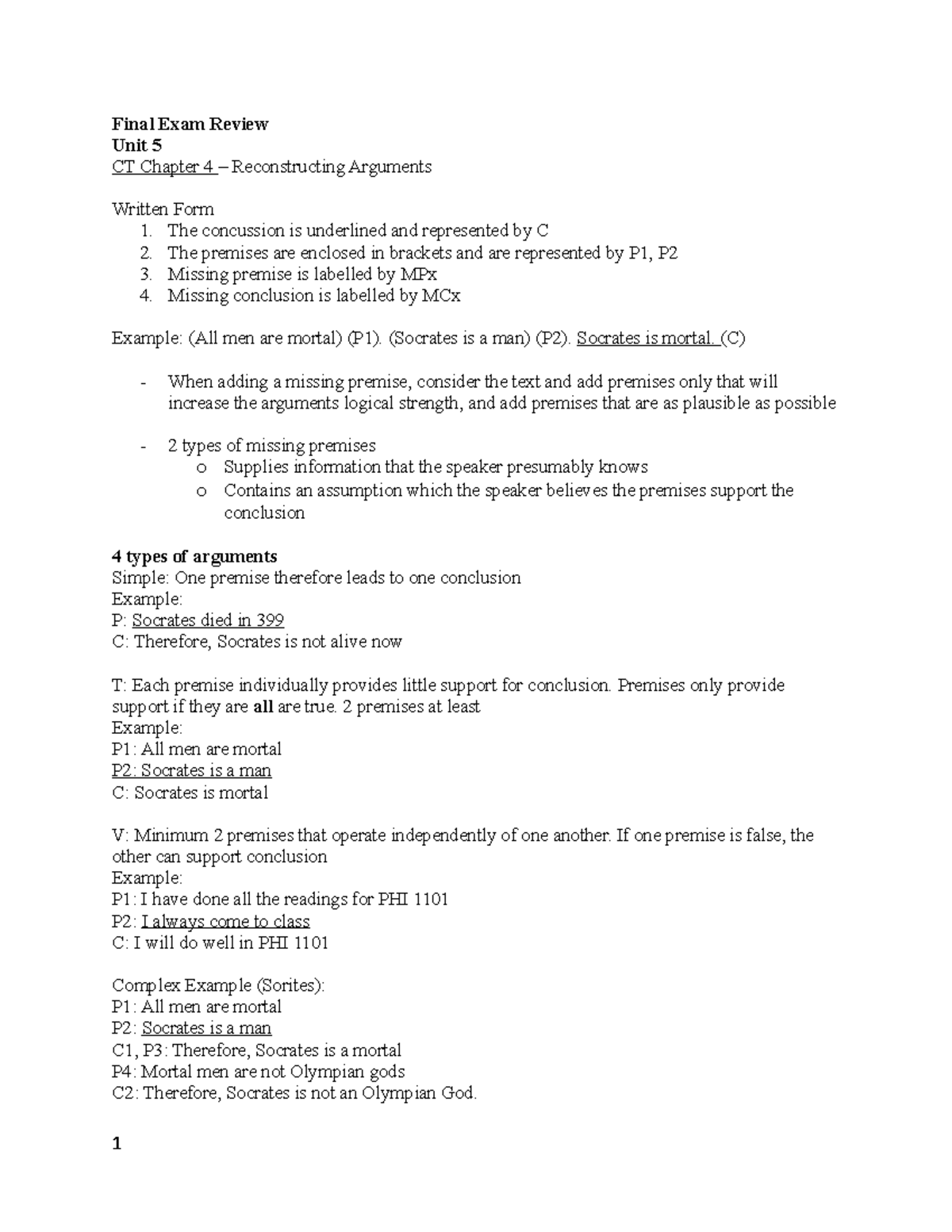 PHI- Final Exam Review - Final Exam Review Unit 5 CT Chapter 4 – Reconstructing Arguments ...