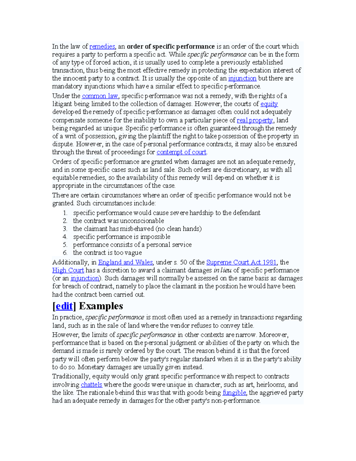 Specific Perfomance - Essays - In the law of remedies, an order of ...