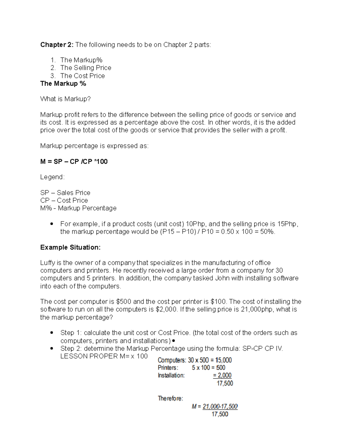 Lesson Proper for Week 2 Markup, Selling Price and Cost Price - Chapter ...