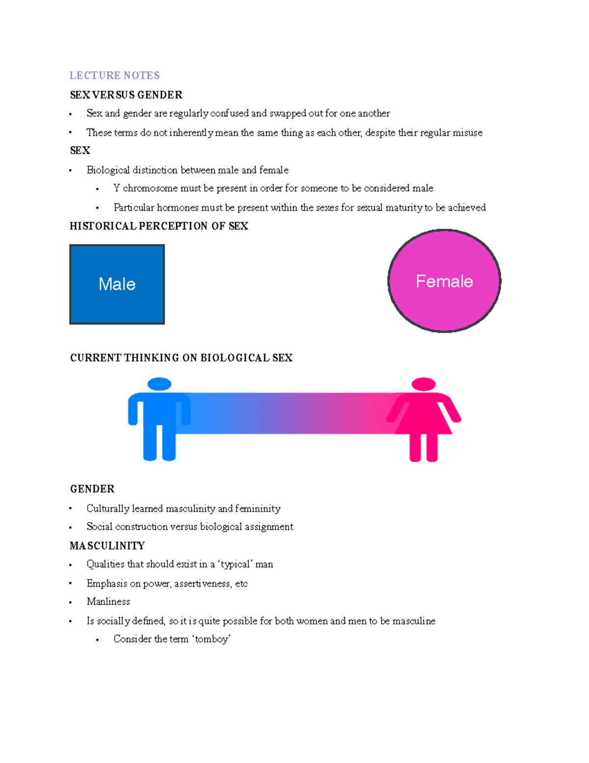 Week 4 notes - LECTURE NOTES SEX VERSUS GENDER Sex and gender are ...