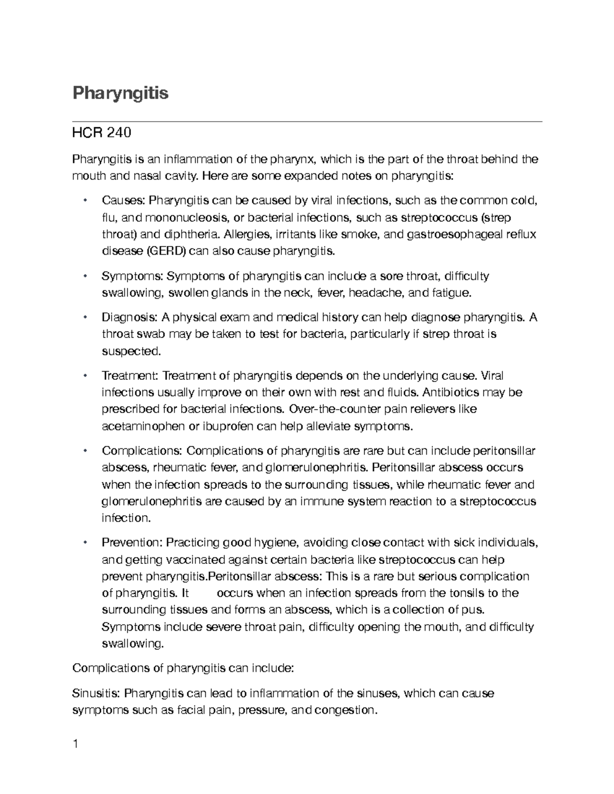 Pharyngitis Notes - Pharyngitis HCR 240 Pharyngitis is an inflammation ...