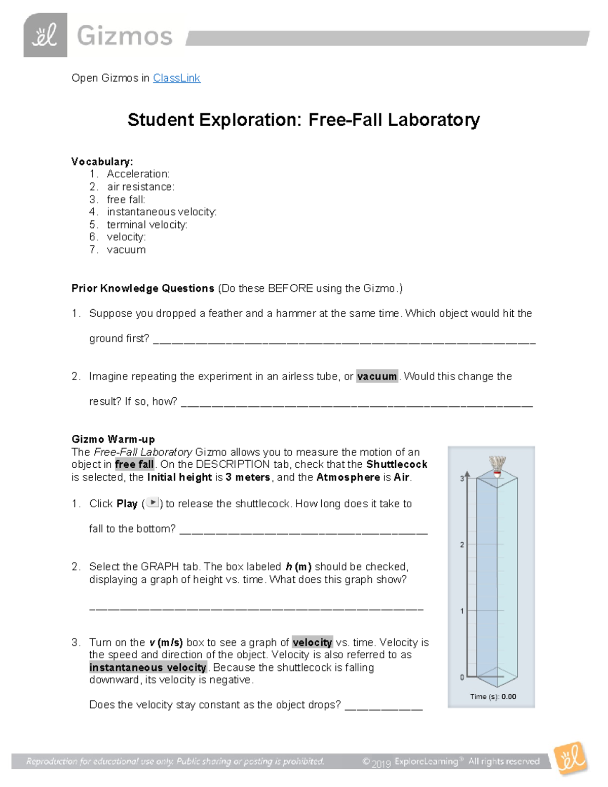 Gizmo - Free Fall SE - Open Gizmos in ClassLink Student Exploration ...