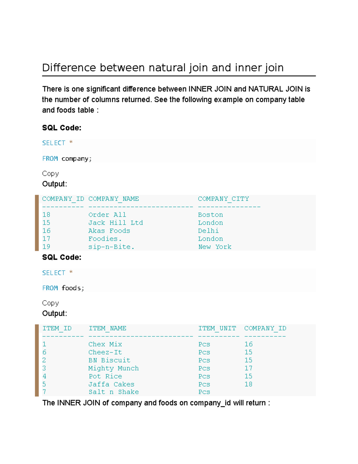 Difference between natural join and inner join - See the following ...