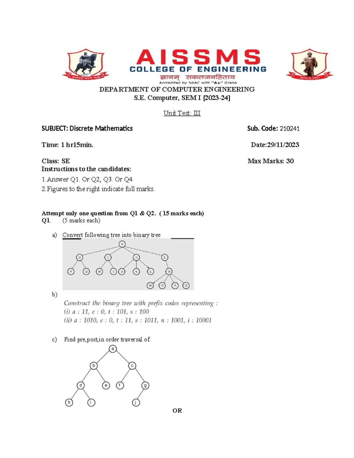 DM unit test three 29-11-23 - DEPARTMENT OF COMPUTER ENGINEERING S ...