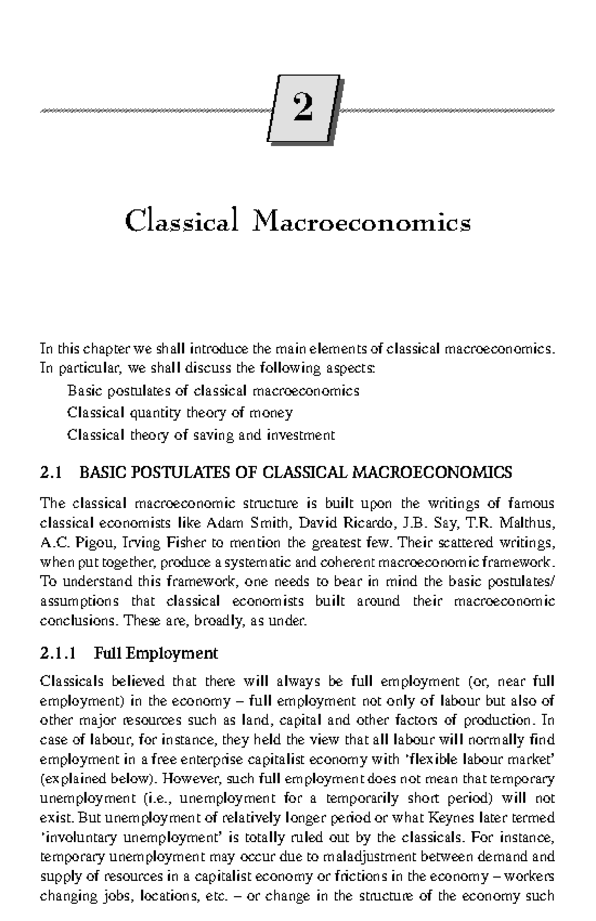 46 Sample Chapter - Classical Macroeconomics 2 In this chapter we shall ...
