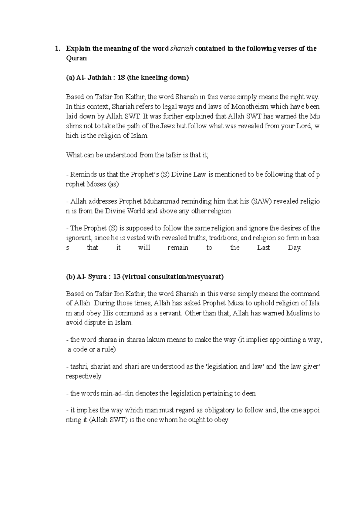 ILS Answers - 1. Explain the meaning of the word shariah contained in ...