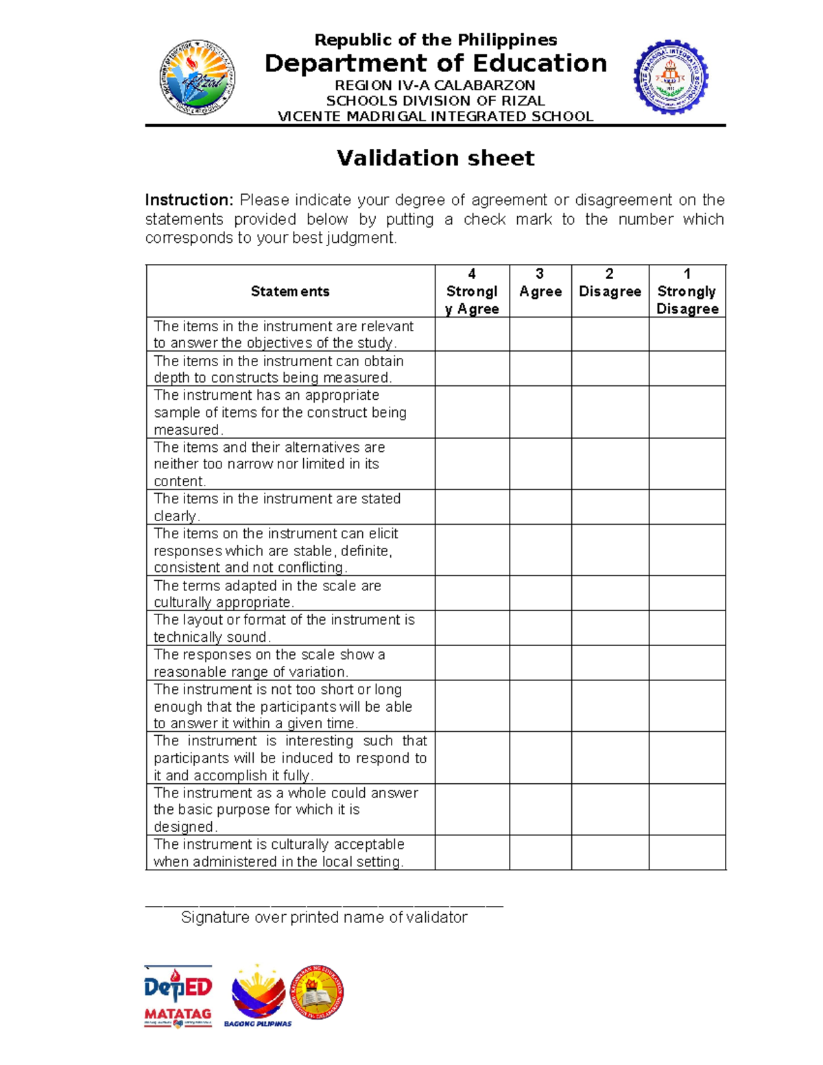 Liara validation sheet - Republic of the Philippines Department of Education REGION IV-A ...