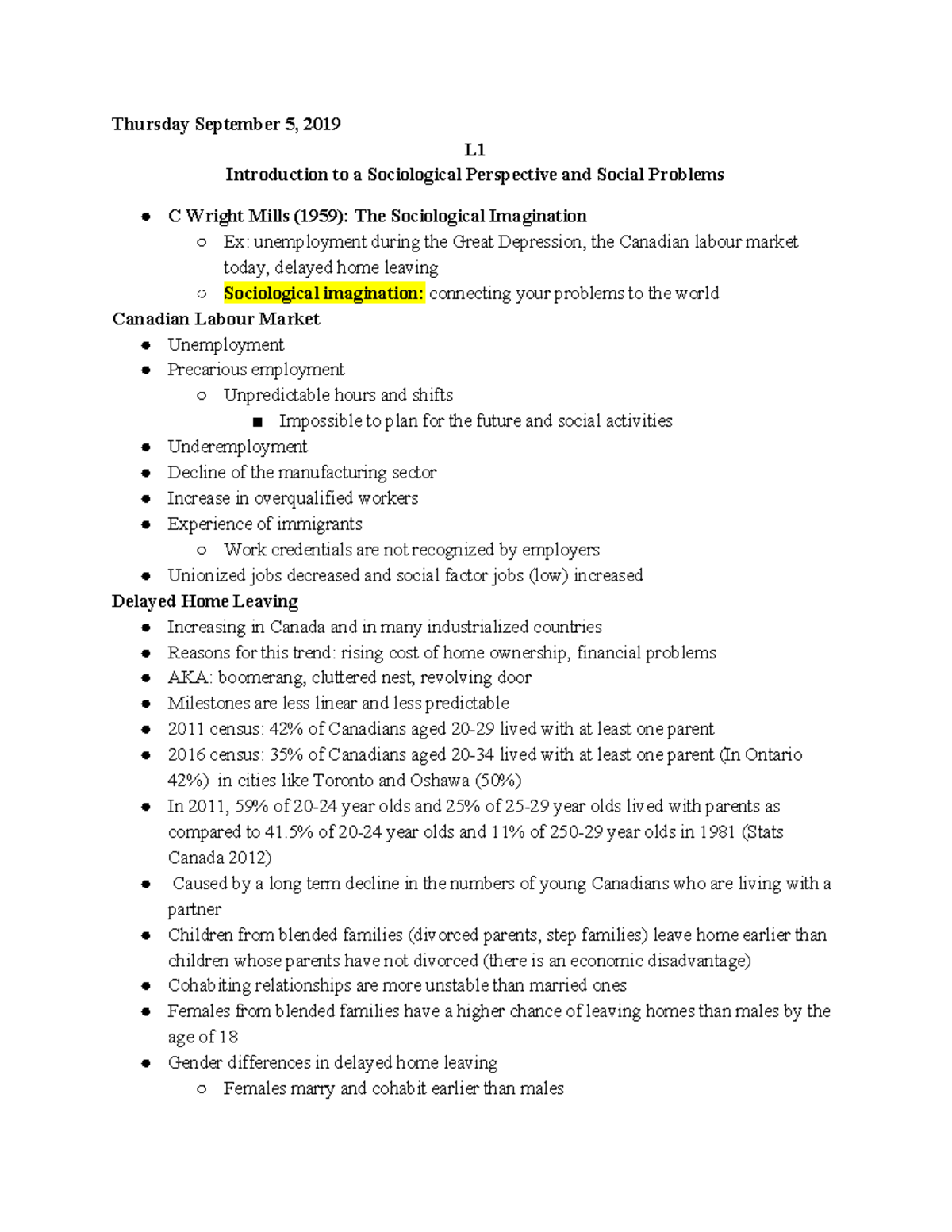Sociol 1C03 Lecture Notes - Thursday September 5, 2019 L Introduction ...