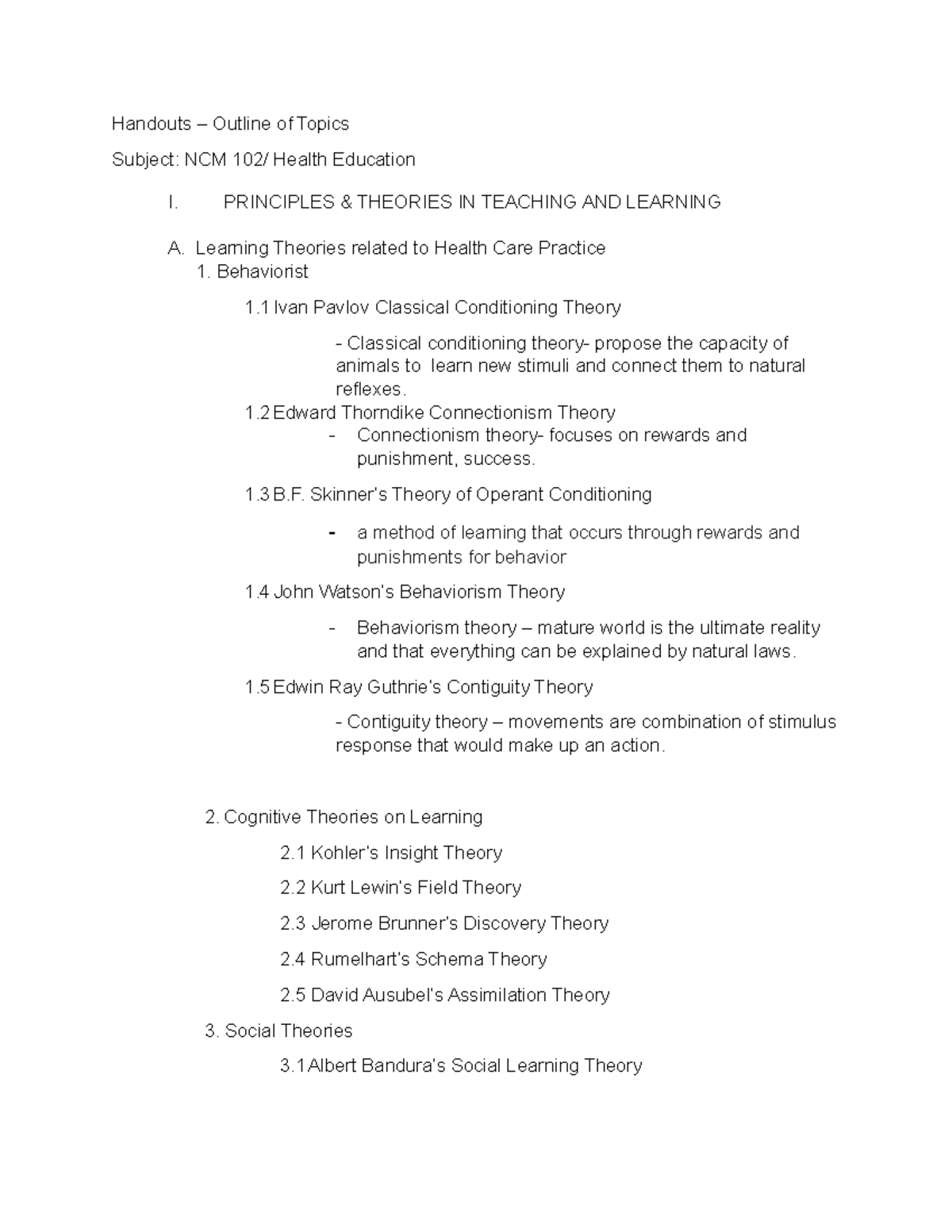 Health ED Summary lecture handouts 2021 - Handouts – Outline of Topics ...