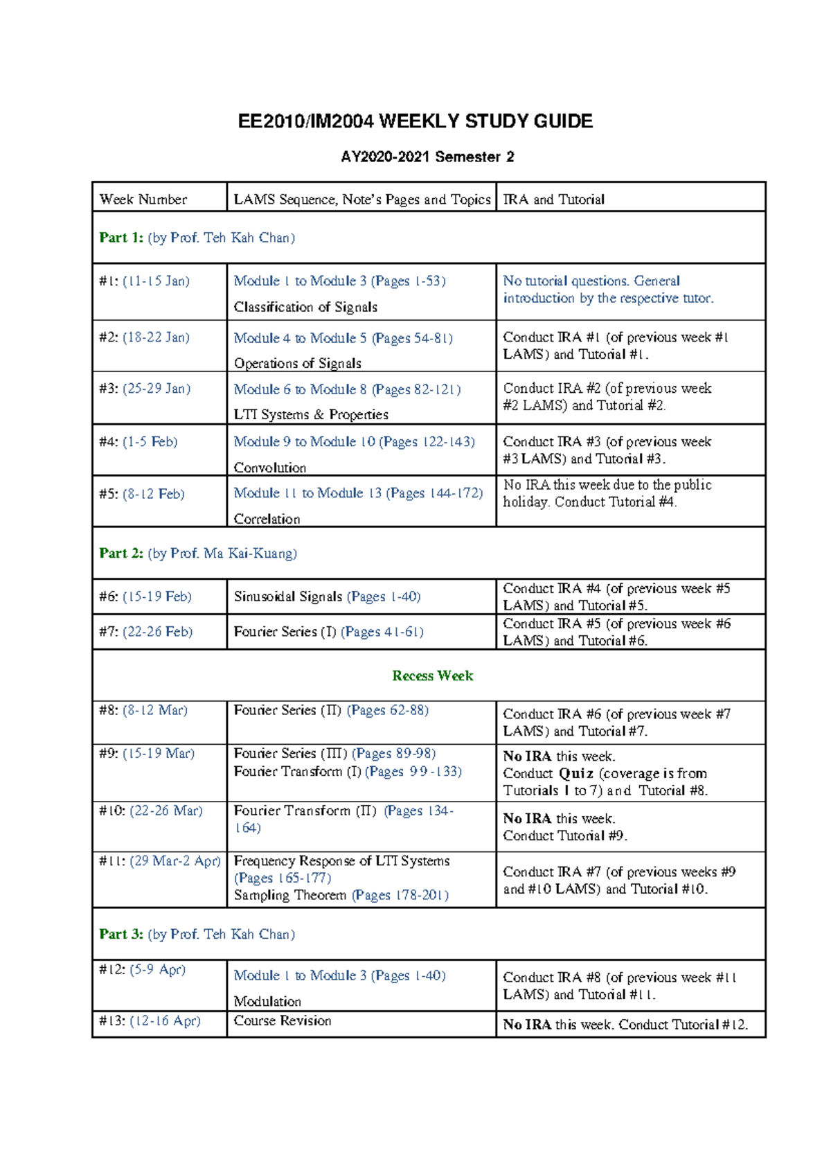 Weekly Study Guide for Students - EE2010/IM2004 WEEKLY STUDY GUIDE AY20 ...