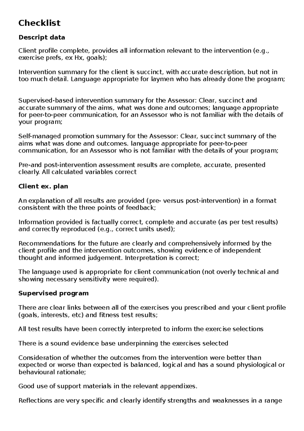 Checklist - EXMD3372 criteria final report - Checklist Descript data ...