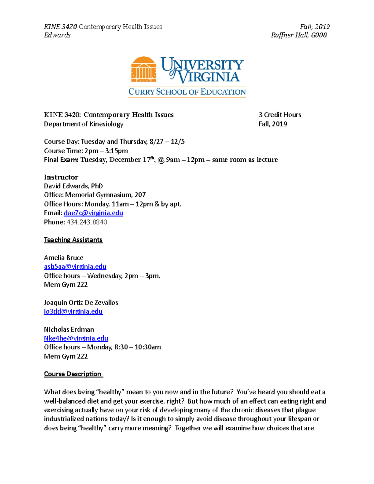 Syllabus Fall 19 3420 - Edwards Ruffner Hall, G KINE 3420: Contemporary ...