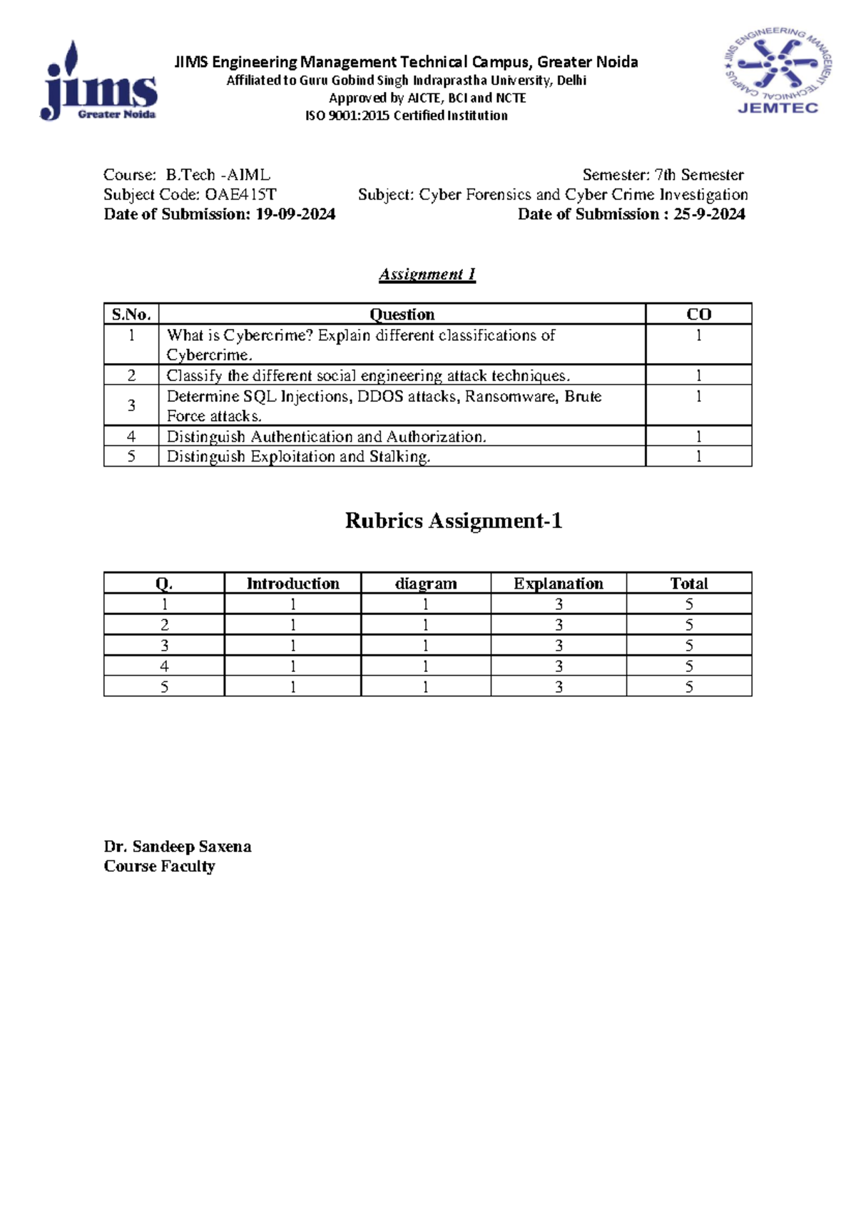 Cfcci Assignment-1 - assignments - JIMS Engineering Management Technical Campus, Greater Noida ...