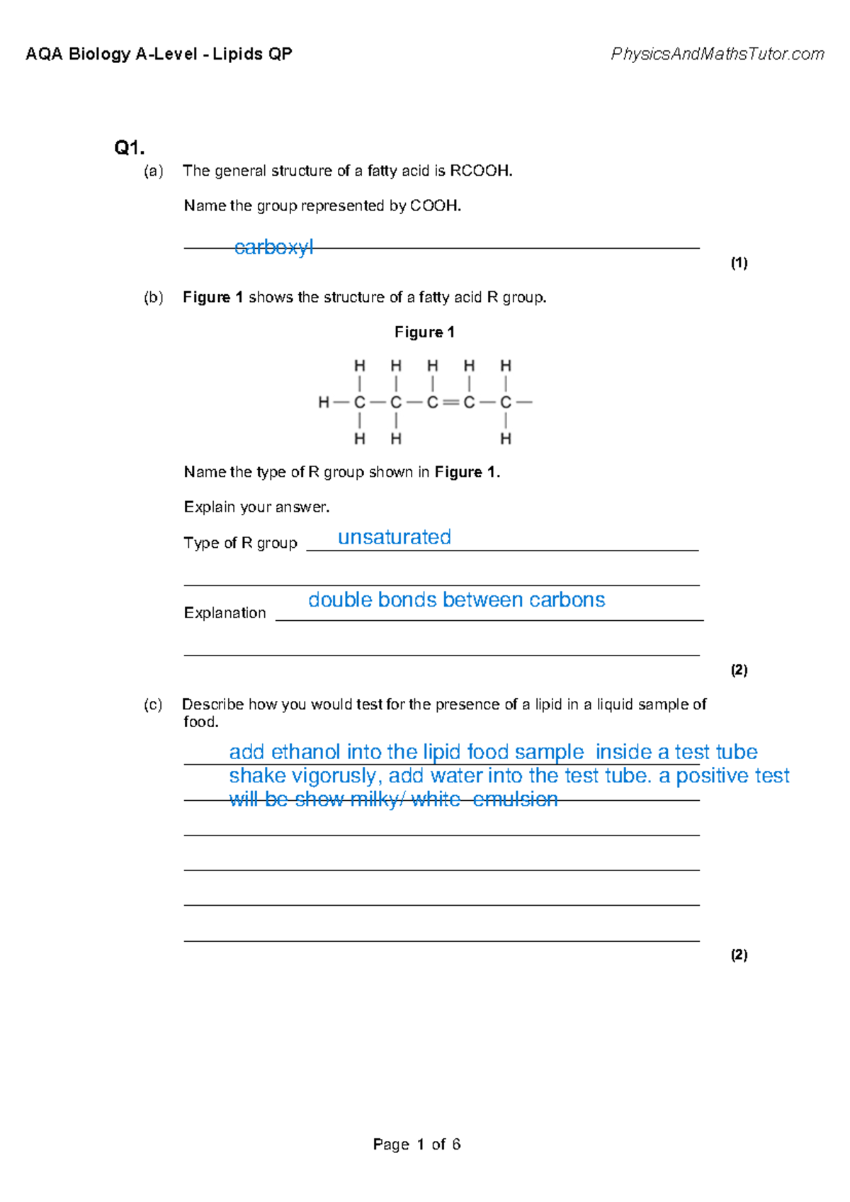 Lipids - Biological molecules exam questions - Q1. (a) The general ...