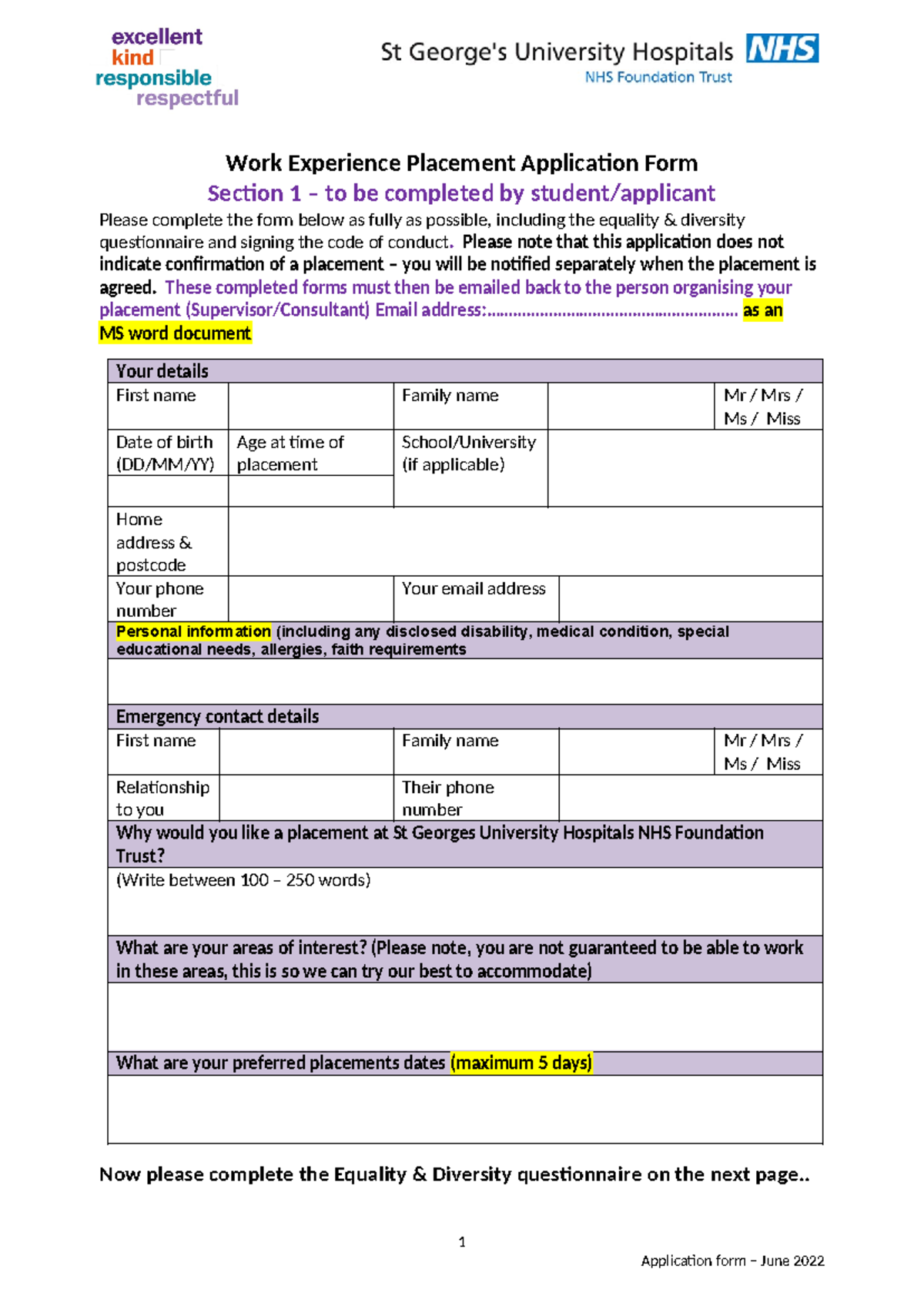 Work-experience-placement-application-form-june 2022 - Work Experience ...