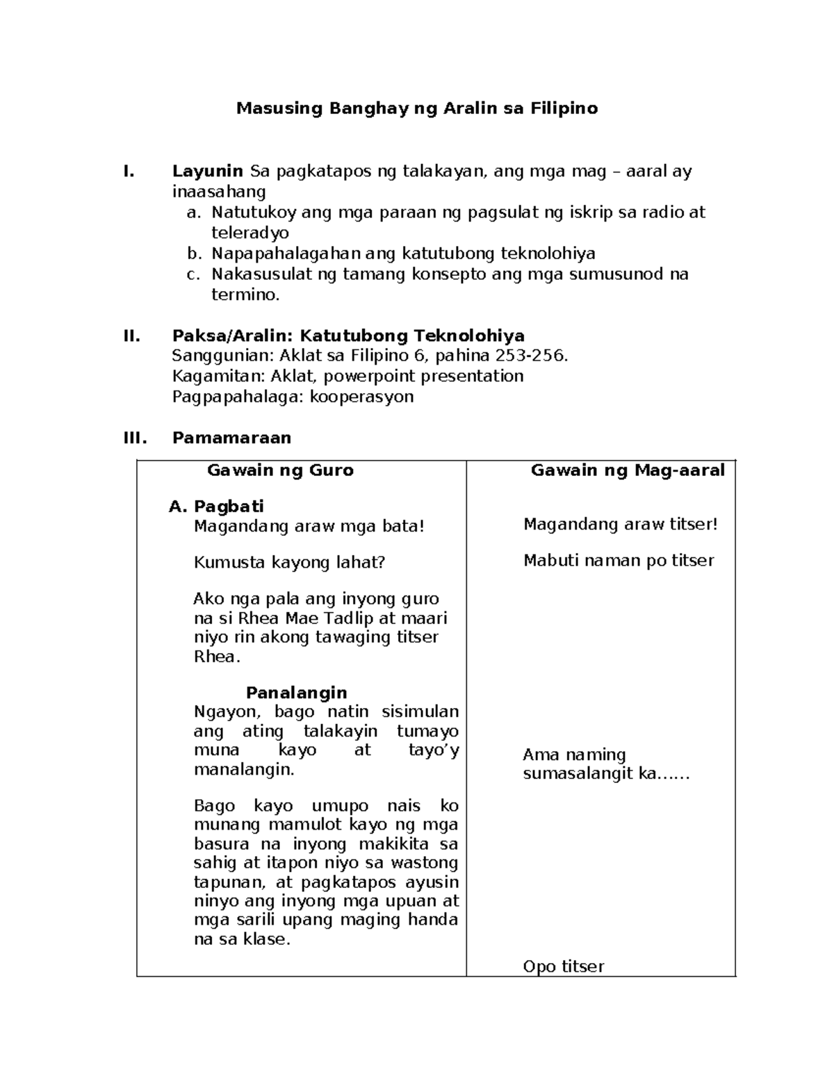 Filipino - Lesson Plan - Masusing Banghay ng Aralin sa Filipino I ...