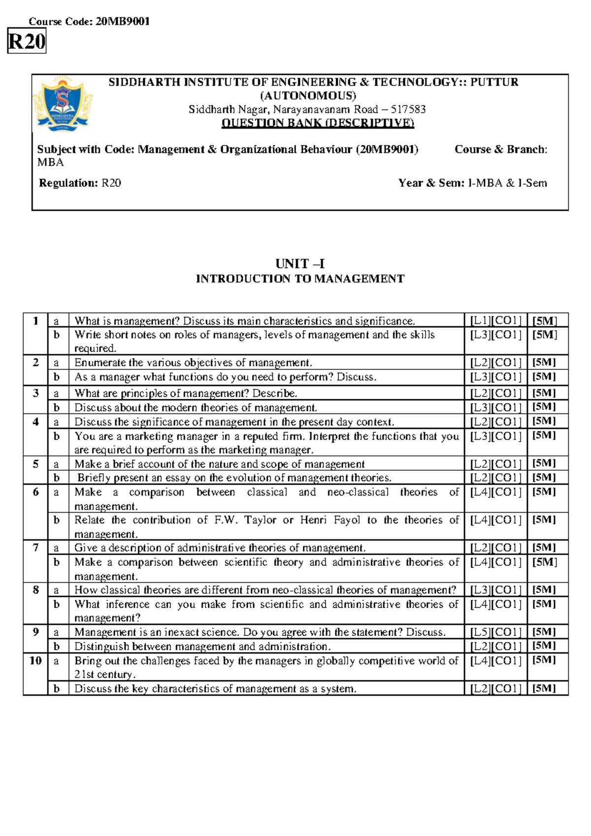 Question BANK MOB R20 - R SIDDHARTH INSTITUTE OF ENGINEERING & TECHNOLOGY:: PUTTUR (AUTONOMOUS ...