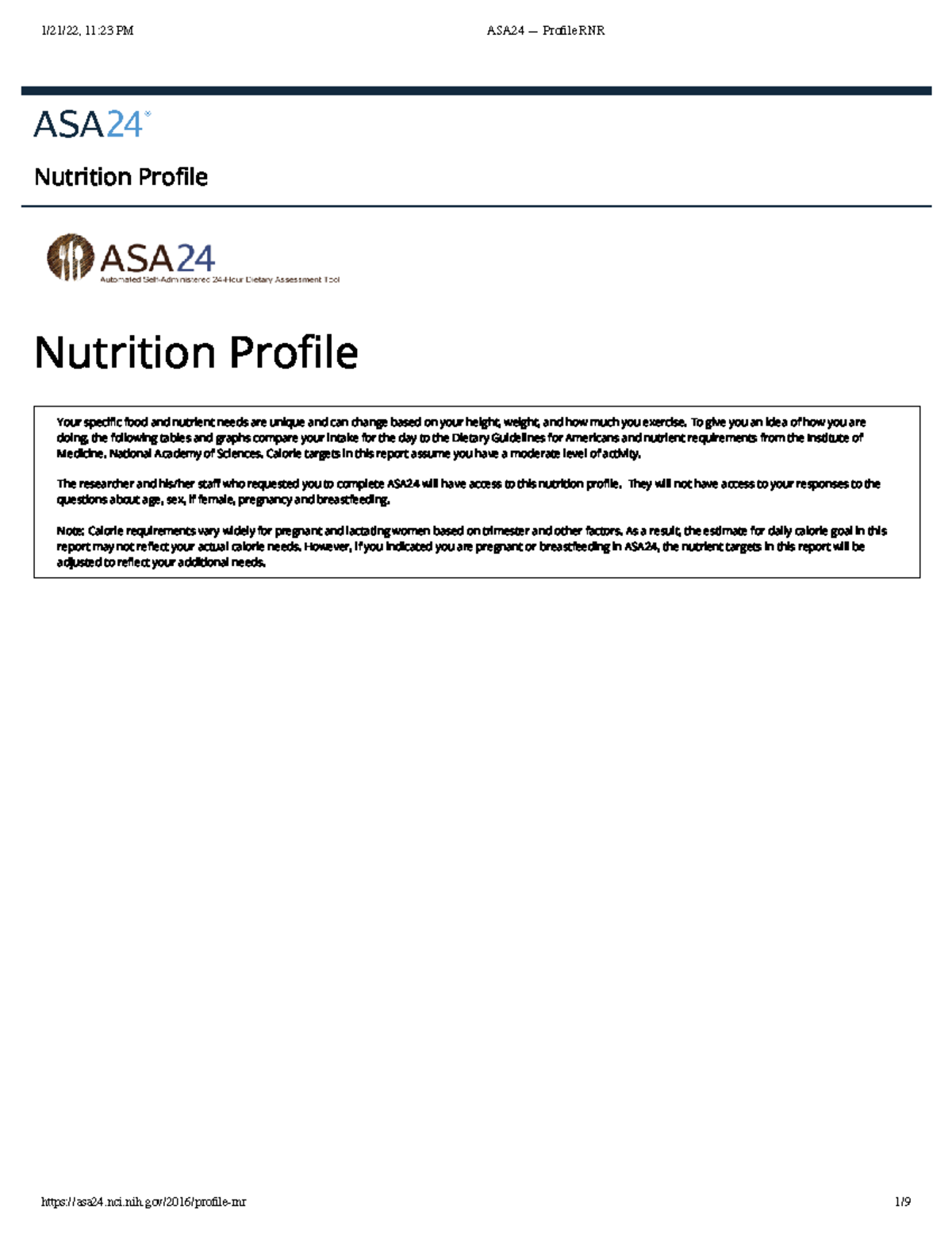Jan 20 Thursday report ASA 24 — Profile RNR - Nutrition Prole Nutrition ...