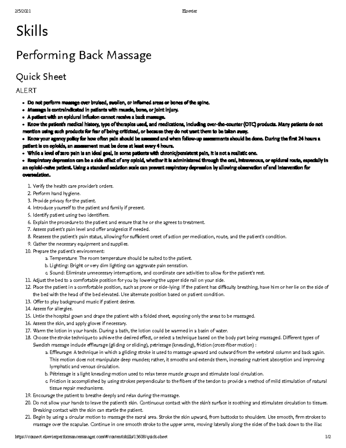 Quicksheet Back Massage - 2/5/2021 Elsevier - Studocu