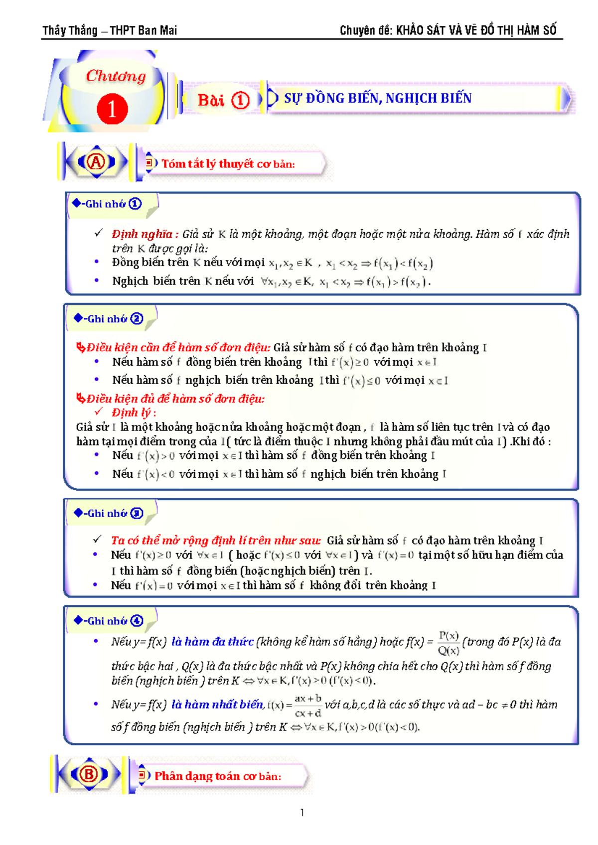 PHT-GT12-C01-B1-Đơn điệu - Chương Bài ① SỰ ĐỒNG BIẾN, NGHỊCH BIẾN Ⓐ Tóm tắt lý thuyết cơ bản ...