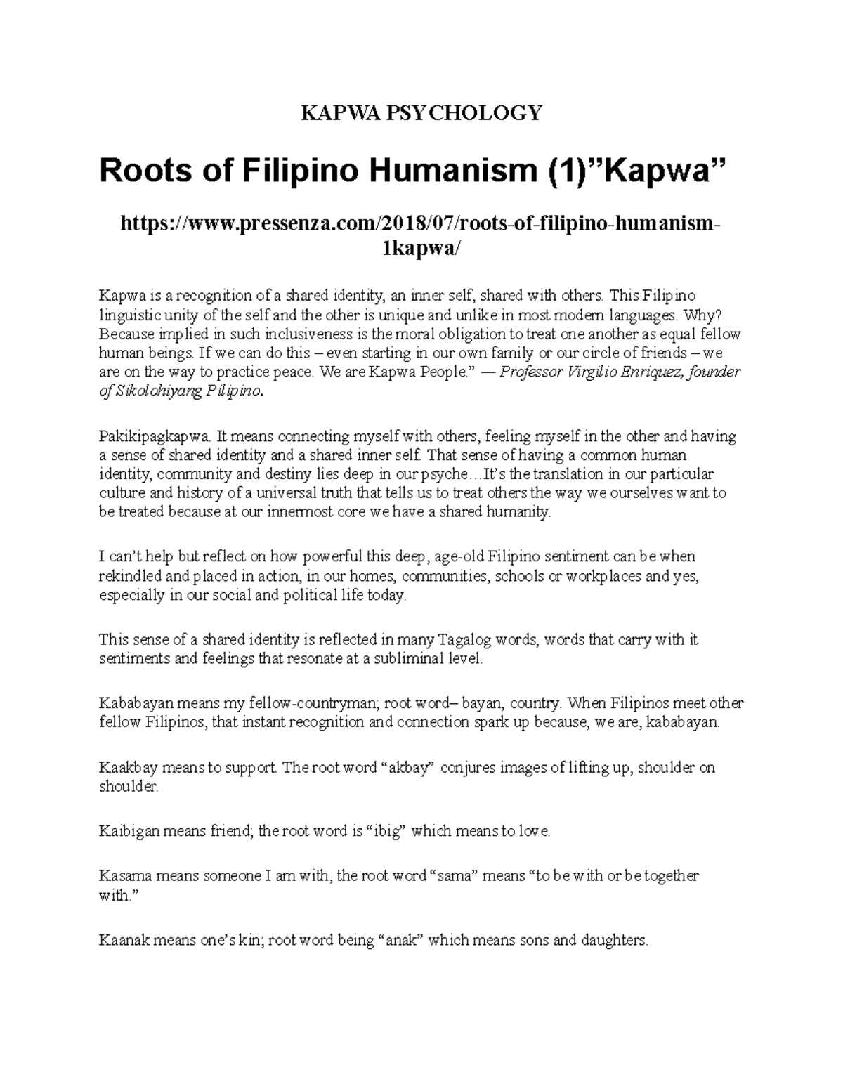 Kapwa- Psychology - KAPWA PSYCHOLOGY Roots of Filipino Humanism (1 ...