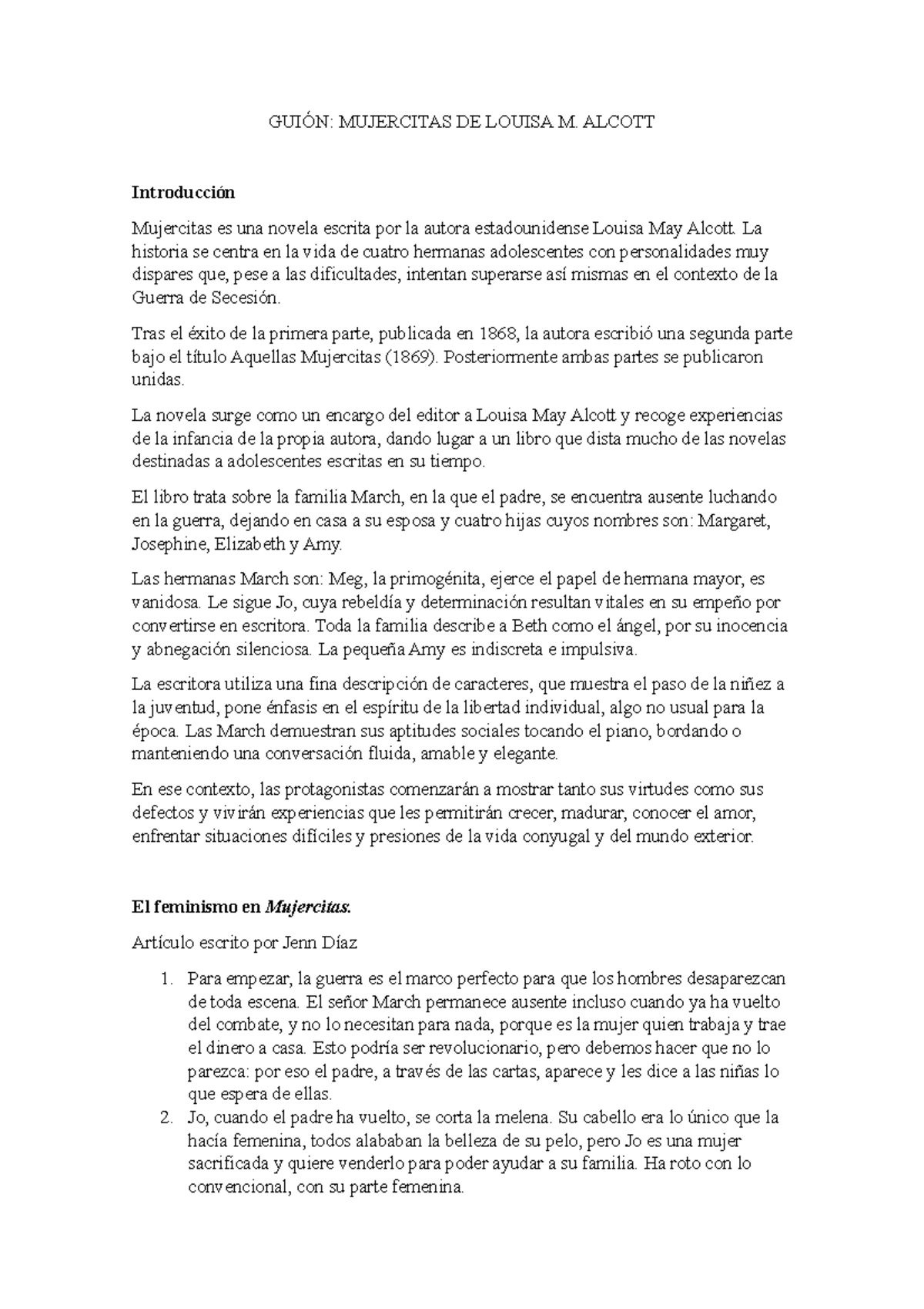 Mujercitas - GUIÓN: MUJERCITAS DE LOUISA M. ALCOTT Introducción ...