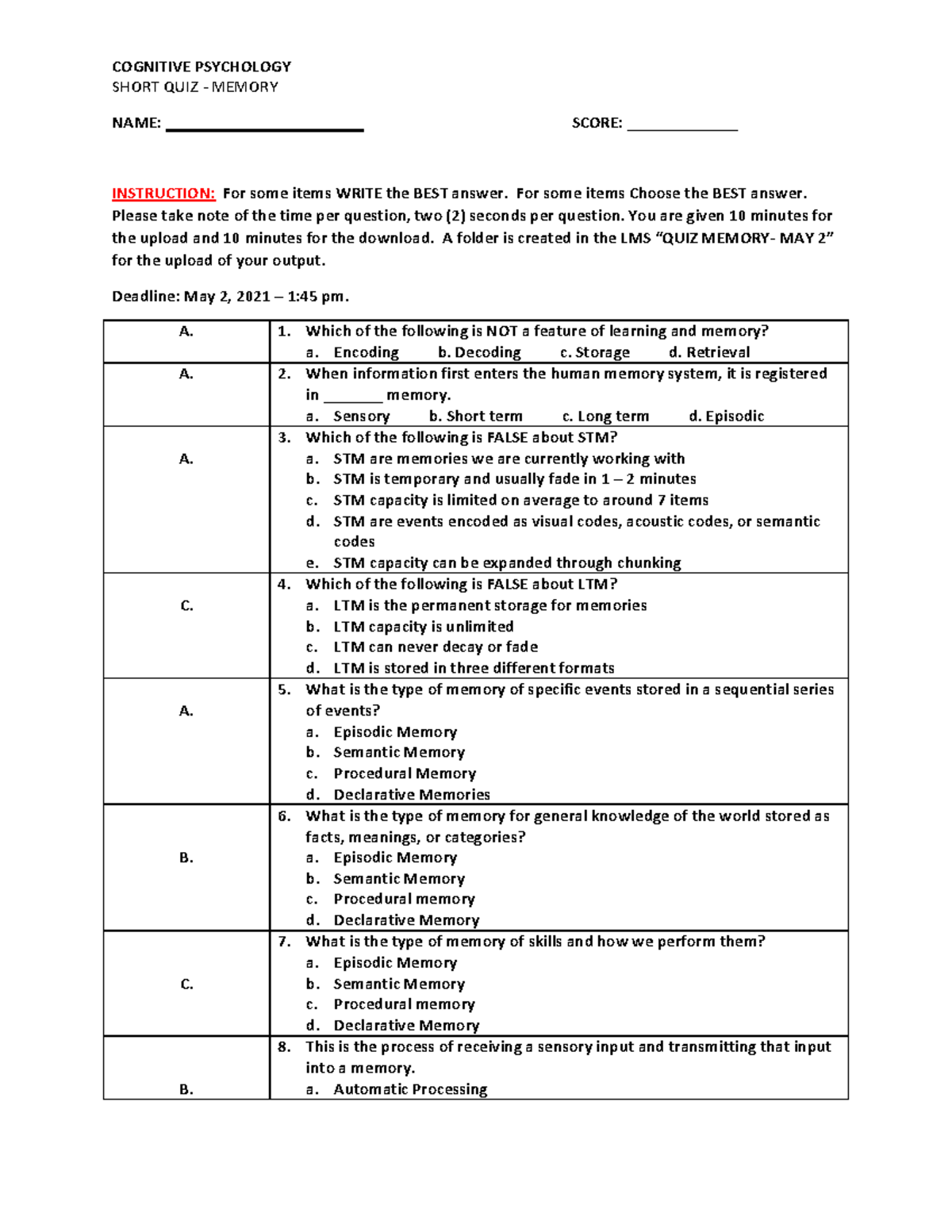 Cognitive Psychology Short Quiz Memory - BS Psychology - PUP - Studocu